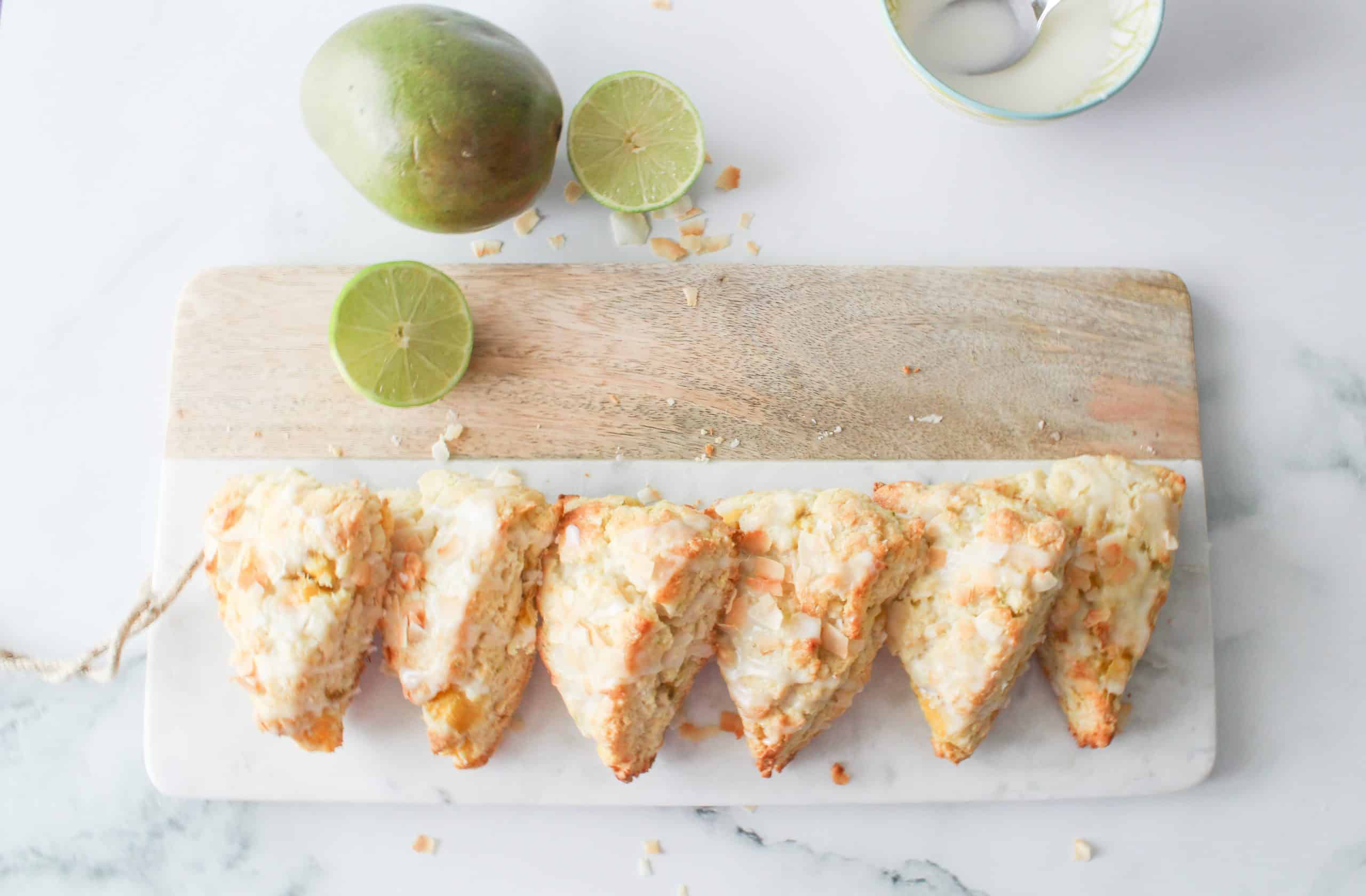 Coconut Mango Scones with Lime Glaze - Maple and Thyme